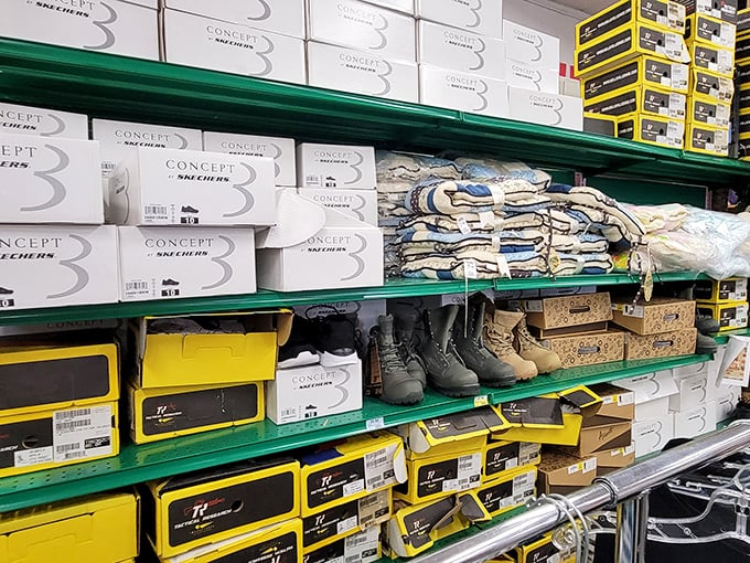 Brand new shoes still in boxes prove one shopper's impulse buy is another's perfect find. Skechers and work boots waiting for their first adventure.