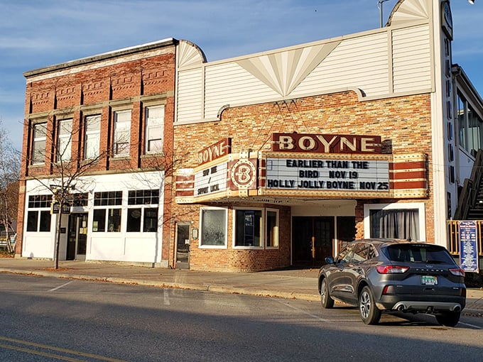 The historic Boyne theater marquee still announces shows the old-fashioned way - with actual letters and personality.