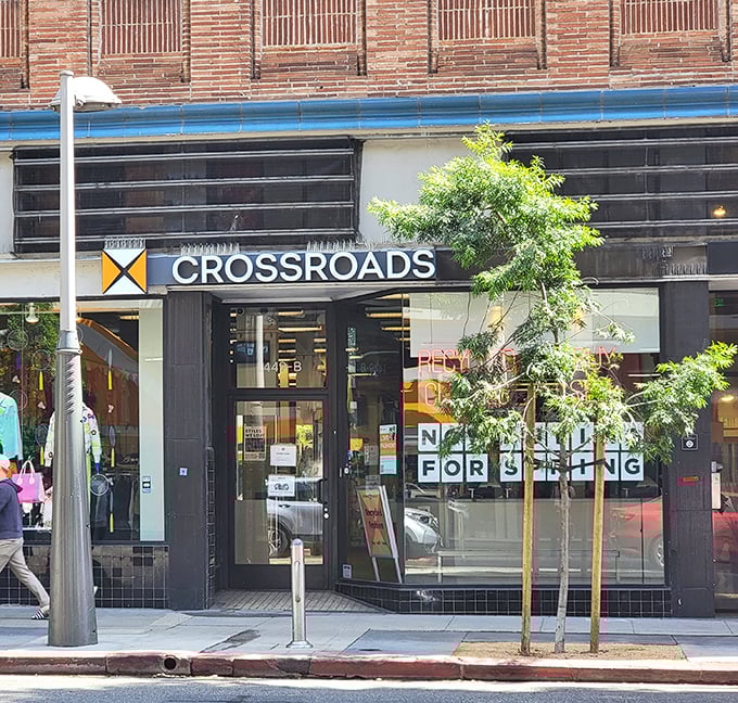 Crossroads Trading's modern storefront brings recycled fashion into the 21st century with boutique-style presentation.