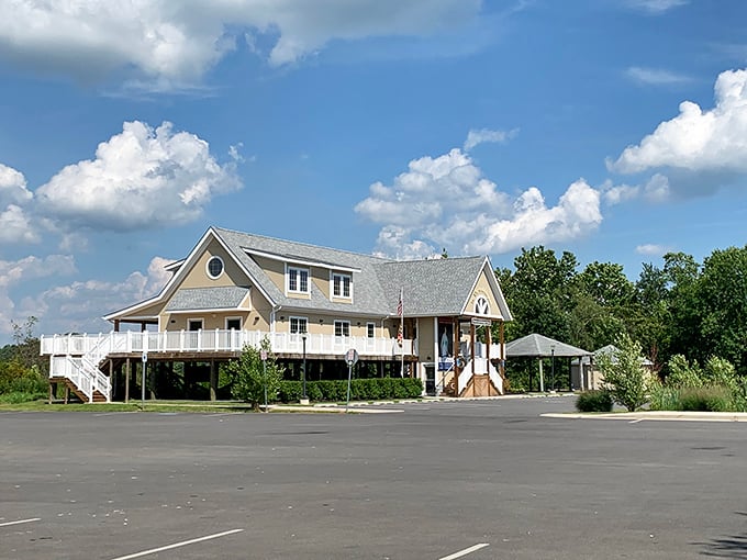 Set high on stilts with a wraparound porch, Denton’s visitor center offers a warm welcome and a perfect first stop in town.