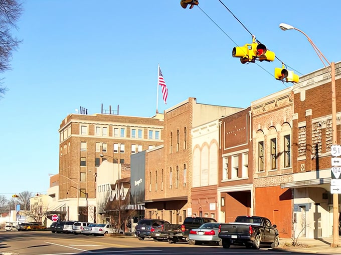 Downtown Dyersburg's brick buildings stand proud like old friends who've weathered every storm together beautifully.