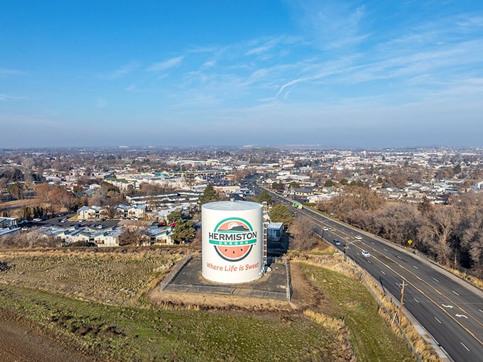 Hermiston's water tower stands proud like a lighthouse guiding folks toward simpler, more meaningful living.