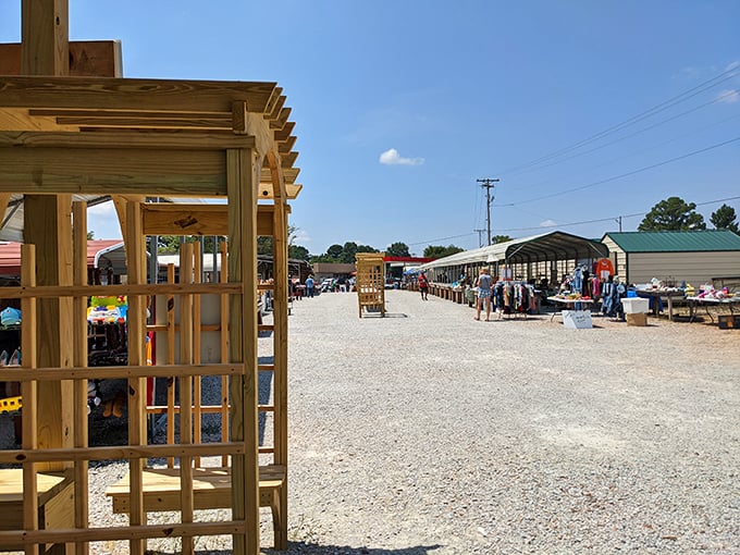 Wooden pavilions frame the hilltop market like rustic picture frames showcasing Tennessee's natural shopping beauty.