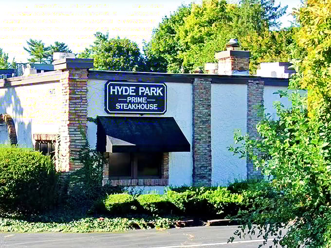 Hyde Park Prime's stone and stucco exterior promises the kind of upscale experience your anniversary dinner deserves.