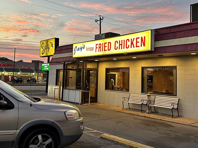 Jay's glowing sign captures the sunset and hungry hearts. That "Krispy" promise isn't just a name—it's a delicious guarantee!