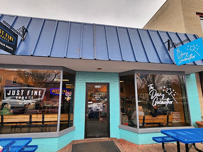 Just Fine Donuts' turquoise facade brings beach vibes to Alexandria's breakfast scene. 
