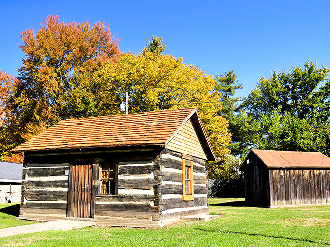 Autumn colors frame this log cabin like nature's own antique display case of seasonal beauty.