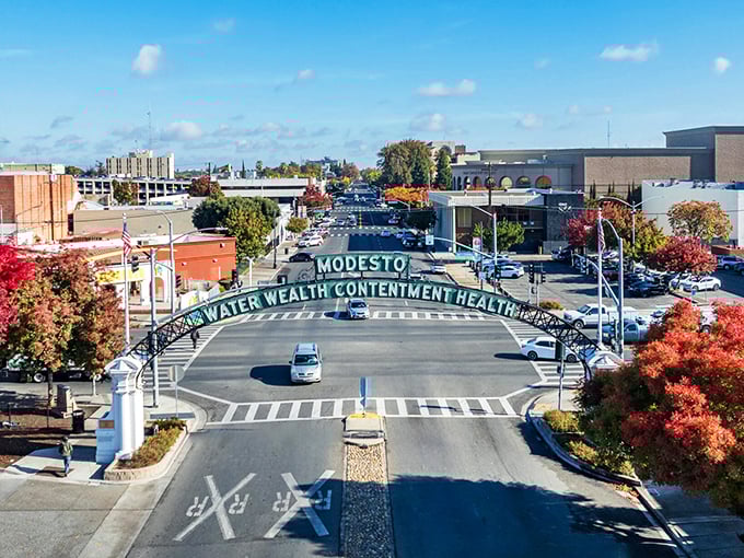 Modesto's vibrant downtown arches proclaim "Water, Wealth, Contentment, Health" - a motto that still rings true today.