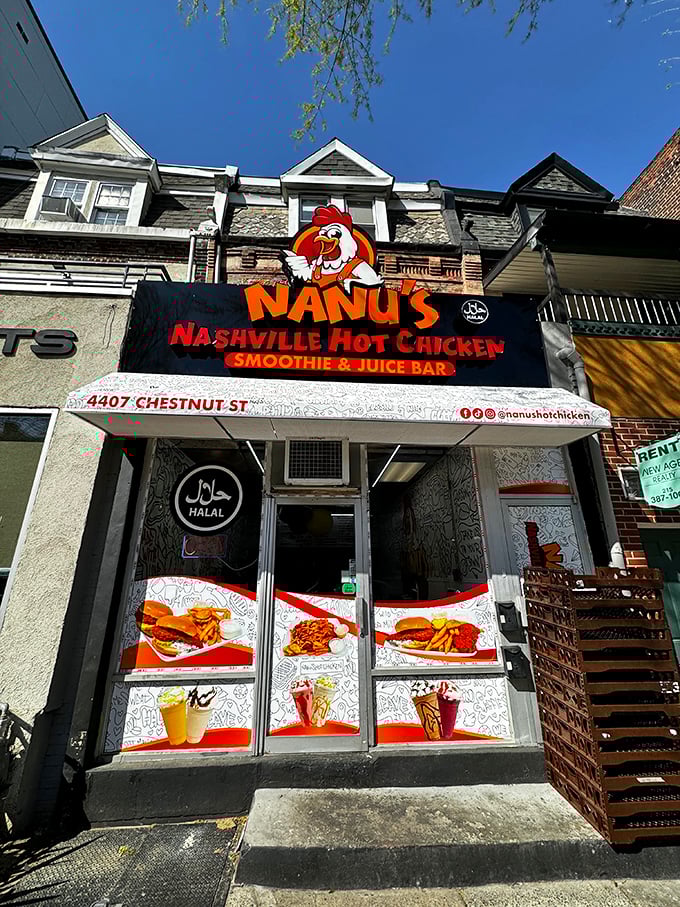 Nanu's angry rooster sign isn't just cute—it's a warning. Their Nashville hot chicken brings serious heat to West Philly!