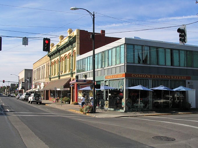 Pendleton's historic buildings stand proud against blue skies, telling stories of cowboys, commerce, and community.