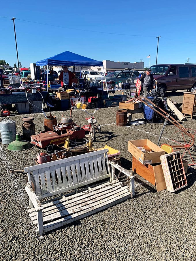 Polk Flea Market's outdoor setup lets you treasure hunt under the open sky with farm tools and vintage finds.