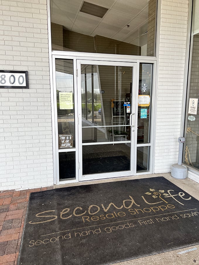 The cheerful welcome mat isn't kidding around – this place really wants you to find incredible deals inside.