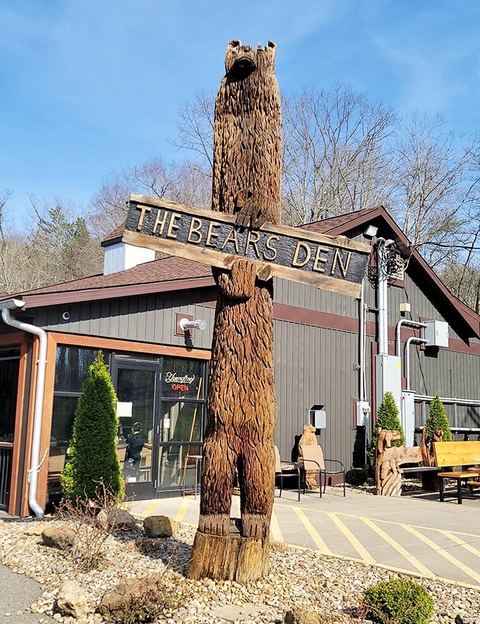 That towering wooden bear isn't just decoration - it's a promise of hearty portions ahead.