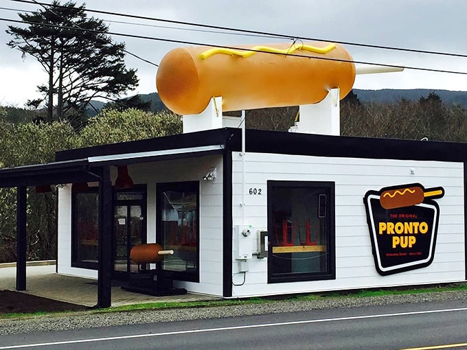 The giant hot dog on the roof isn't subtle, but neither is the incredible flavor waiting inside this coastal landmark.