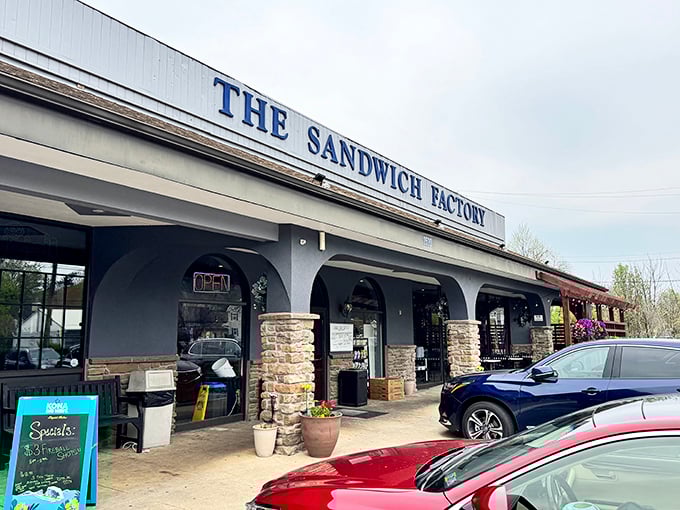 The Sandwich Factory's elegant stone and stucco exterior suggests something special. Inside, sandwich architecture reaches new heights of deliciousness.