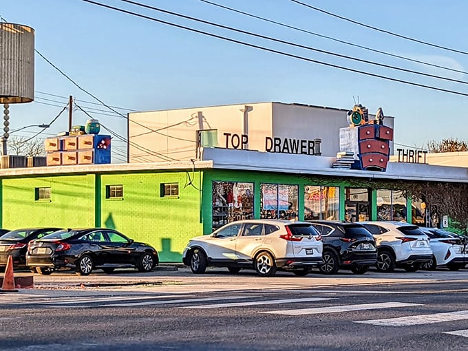 Top Drawer's lime green exterior and whimsical rooftop decor scream "Austin weird" in the best possible way.