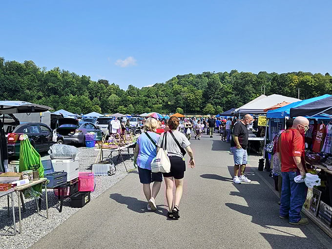 Trader Jack's parking lot transforms into a vibrant marketplace where folding tables display life's essentials and oddities alike.