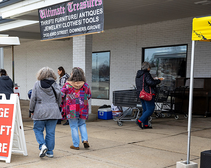 Eager shoppers gather outside Ultimate Treasures, where thrift meets antique in perfect Downers Grove harmony.