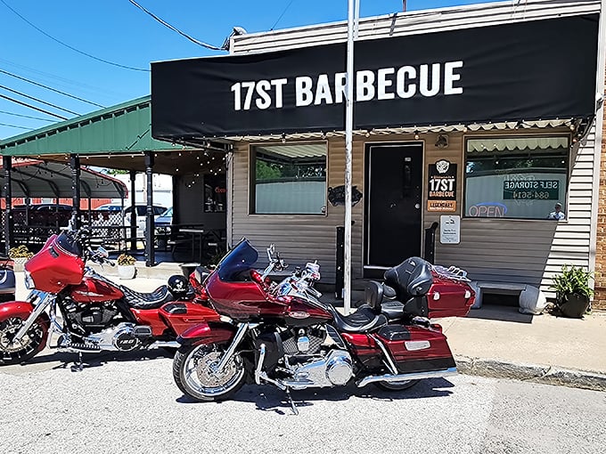 The motorcycles parked outside 17th Street tell you everything—this is BBQ worth traveling for, even if your ride weighs more than a small car.