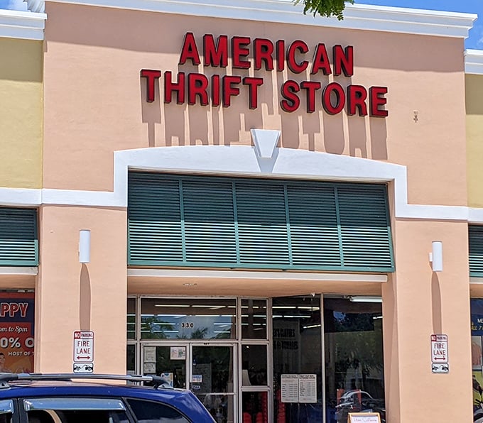 The full façade view reveals American Thrift's impressive size. That's a lot of square footage dedicated to amazing deals!