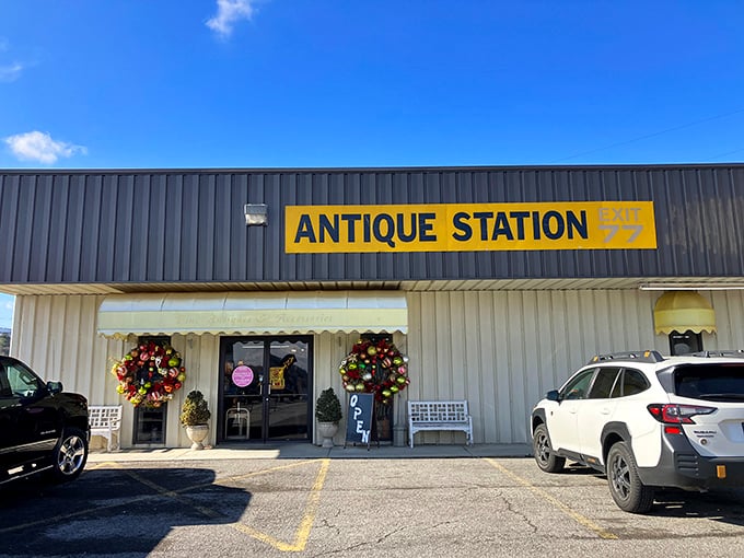 Festive wreaths frame the entrance, promising seasonal treasures inside this unassuming roadside gem.