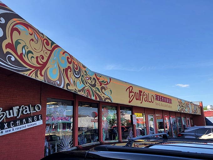 The swirling patterns above Buffalo Exchange promise a shopping experience that's anything but ordinary. Recycled fashion with flair!