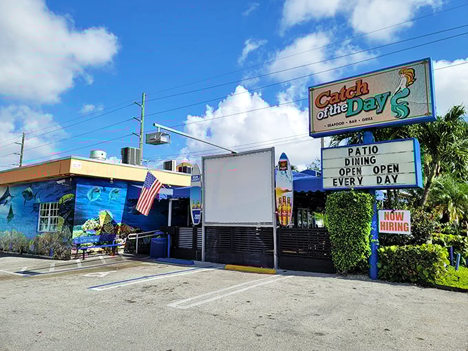 Miami's Catch of the Day wears its ocean inspiration on its walls – a colorful preview of the seafood treasures within.