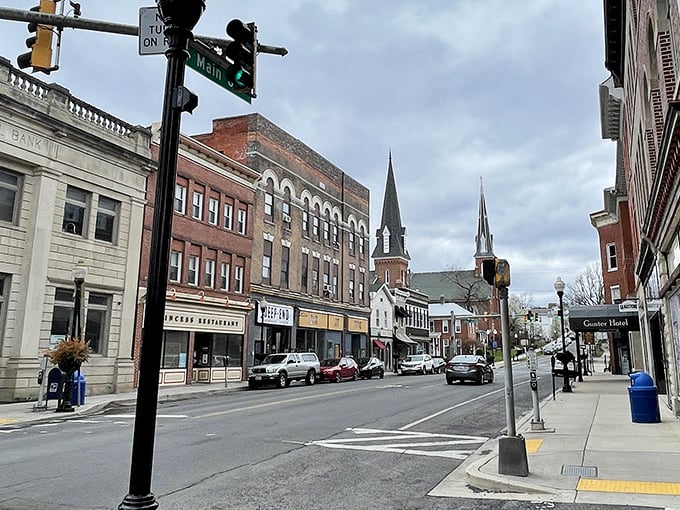 Frostburg’s Main Street, lined with historic buildings and church spires, offering small-town charm at an affordable pace of life.