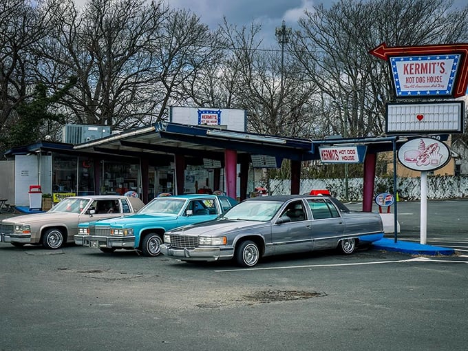 Kermit's retro charm and covered service area whisper of simpler times. Those vintage cars parked outside complete the time-travel experience.