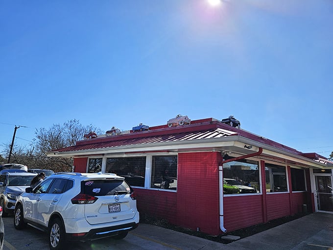 The classic red diner architecture of Kim's stands out like a delicious mirage on the Texas landscape.