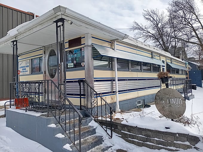 Winter transforms this little railcar diner into a snow-dusted fairytale. The blue trim pops against the winter white.