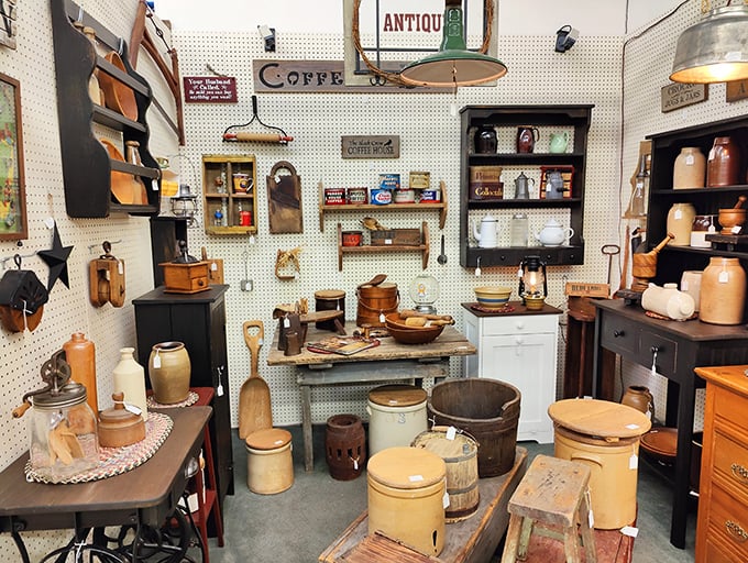 This rustic corner feels like stepping into a country kitchen from 1920. Those crocks and wooden tools have stories to tell!