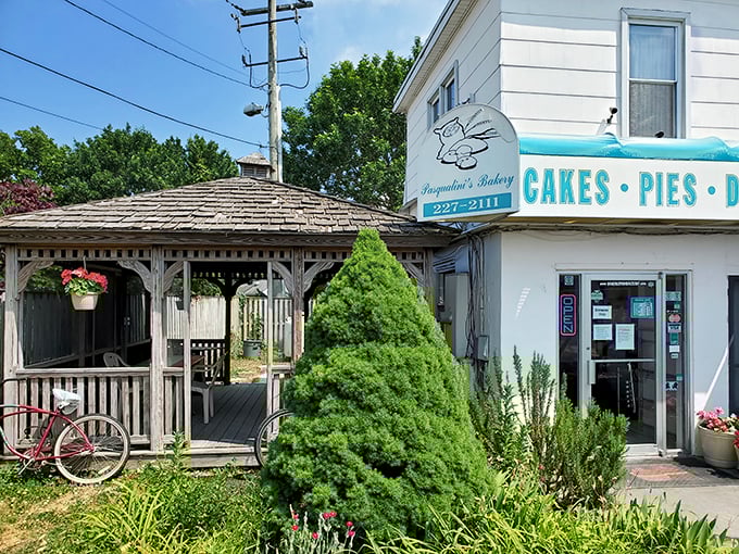 The charming garden gazebo outside Pasqualini's is the perfect spot to contemplate the meaning of life... and donuts.