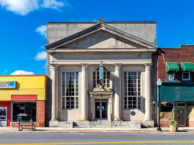 Historic downtown Pocomoke, where the old bank building has seen more decades than dollars lately.