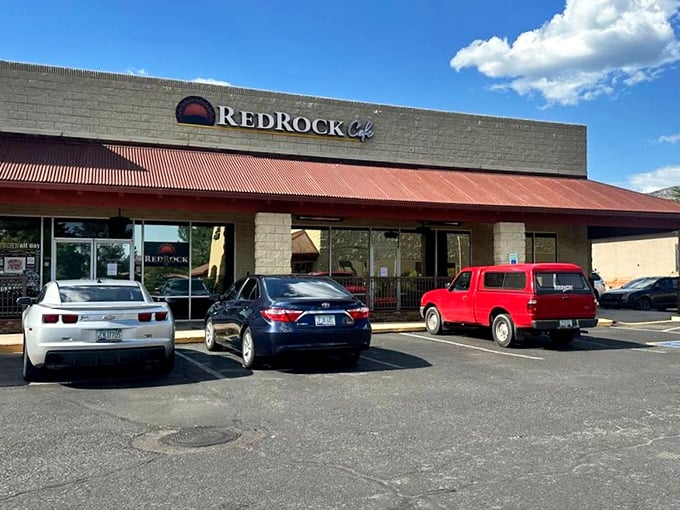 The desert sun highlights RedRock's welcoming entrance – where hungry travelers find respite and really good eggs.