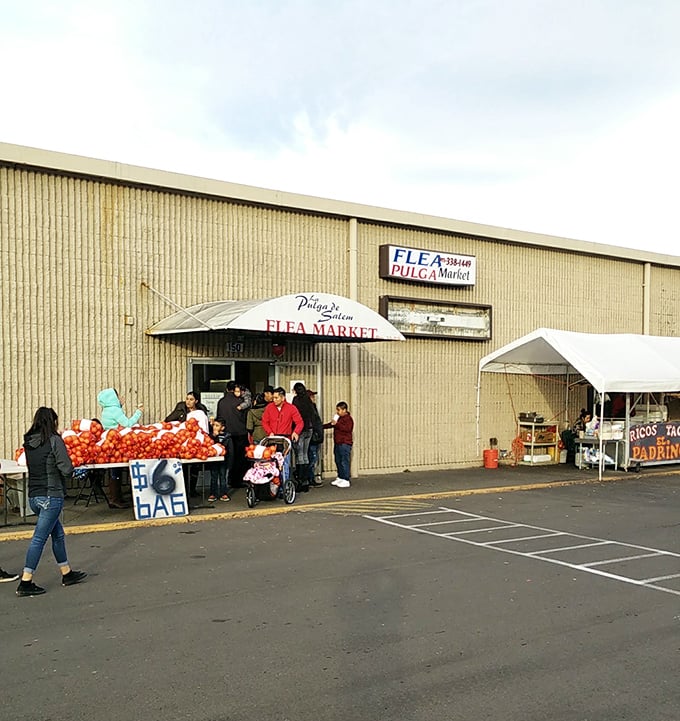 Fresh produce meets flea market finds at La Pulgita de Salem. That awning isn't just shelter—it's the gateway to cultural treasures you won't find at the mall.