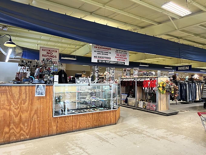 Inside this bargain hunter's paradise, racks of possibilities await beneath the practical fluorescent glow.