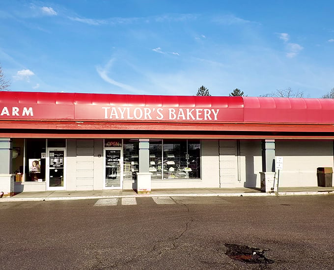 Taylor's classic storefront under clear blue skies – like a postcard from simpler times when calories didn't count and diets didn't exist.