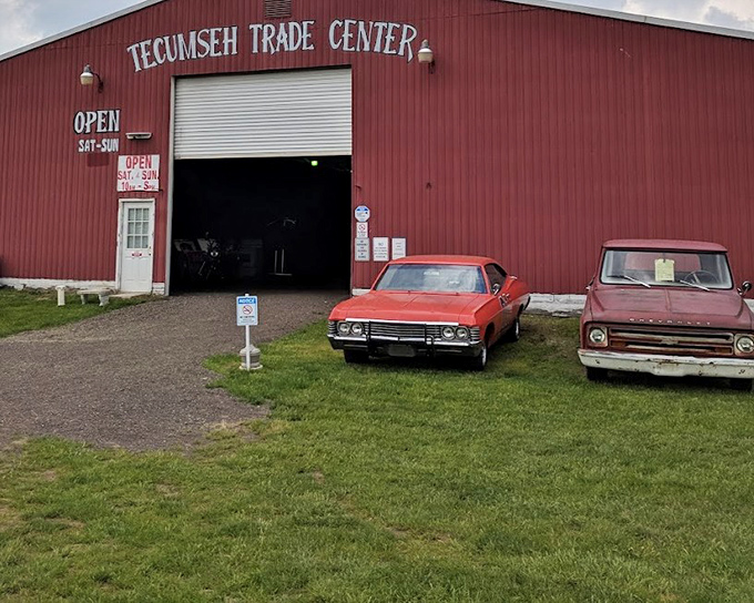 Classic cars guard Tecumseh's entrance – even the parking lot has vintage appeal worth admiring.