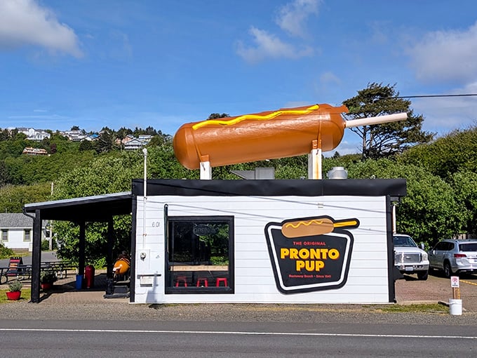 Beachside perfection captured in one iconic building - where Pronto Pups and ocean breezes create vacation magic daily.