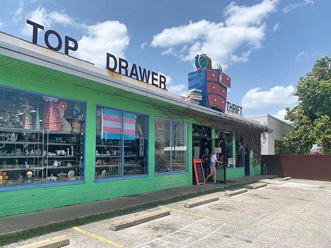 Sunny skies frame Top Drawer's playful storefront – as bright and cheerful as the bargain-hunting experience inside.