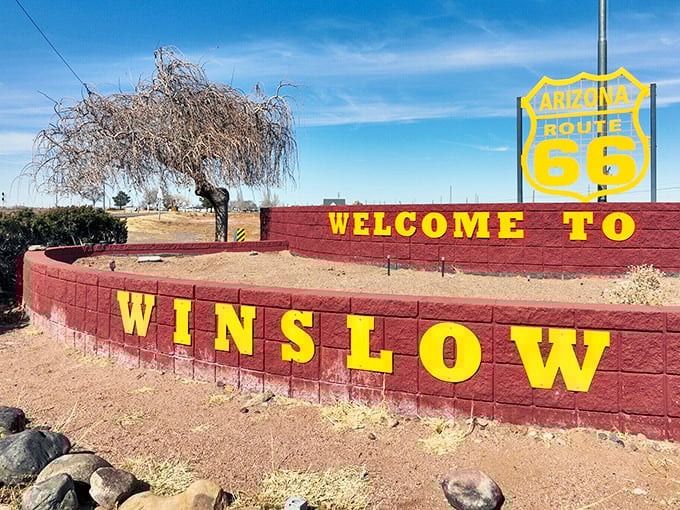 Standing on this corner in Winslow, Arizona, the welcome sign promises more than Eagles lyrics – it delivers Route 66 charm without highway robbery prices.
