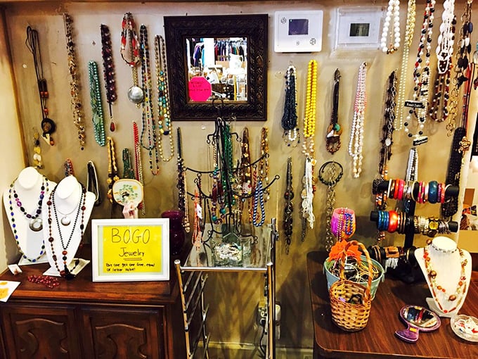 Jewelry that spans decades and styles hangs in colorful profusion. That BOGO sign is the siren song of accessory enthusiasts everywhere.