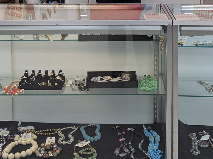 Behind glass, costume jewelry awaits its moment to shine again—perhaps at your next themed party or as a quirky conversation starter.