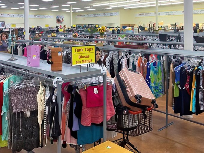 Signs guide shoppers through the color-coded jungle of fashion finds. "Tank Tops" and "Blusas Sin Manga" – thrifting transcends language barriers. 