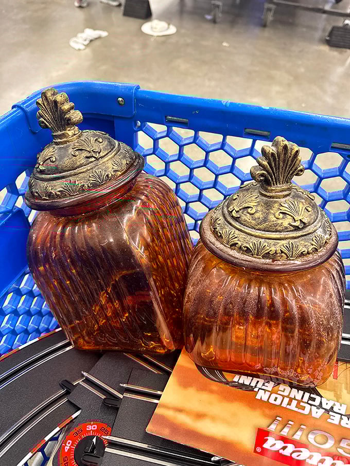 These amber glass jars with ornate lids aren't just containers—they're the beginning of someone's Pinterest-inspired kitchen makeover.