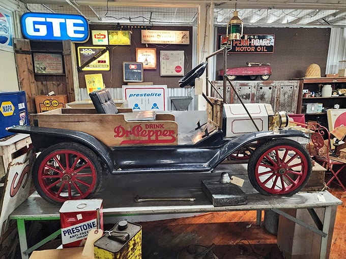 This vintage Dr. Pepper promotional vehicle isn't just transportation—it's a rolling time capsule from when cars had personality and soda came in glass bottles.