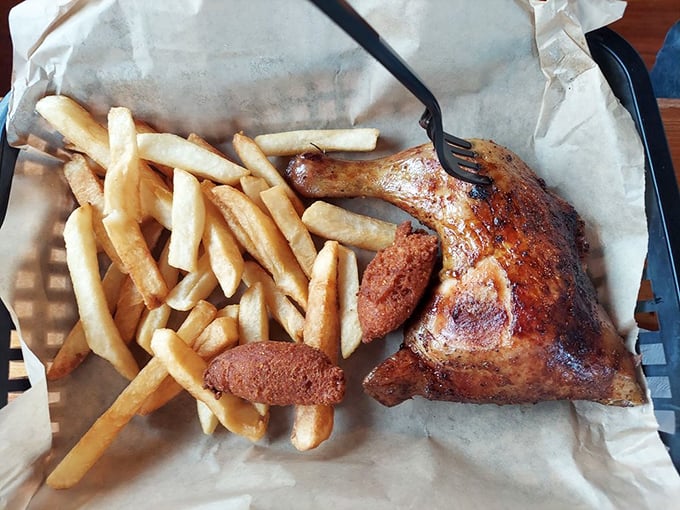 Barbecue chicken with that mahogany skin and a pile of golden fries—proof that simplicity, when done right, beats complexity every time.