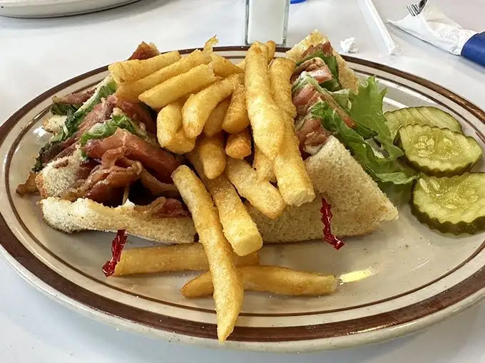 The club sandwich stands tall and proud, surrounded by a golden honor guard of perfectly crisp french fries—a lunch worthy of salutation.