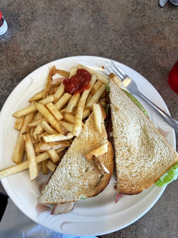 The humble BLT, elevated to art form. Those fries aren't a side dish—they're co-stars in this lunchtime production.